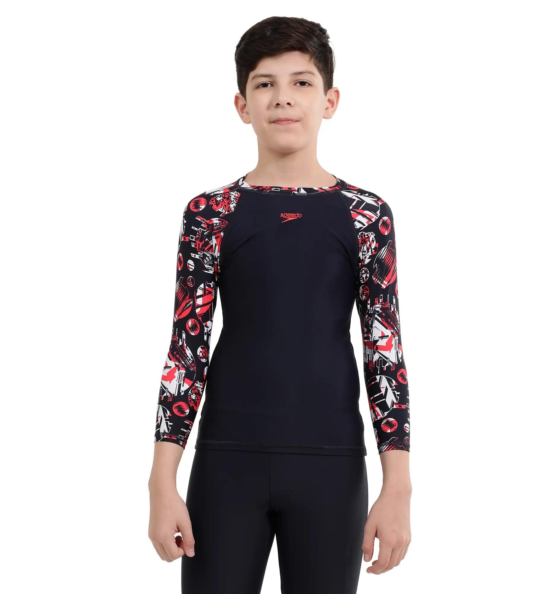 Buy Speedo Glitchamp Allover Long Sleeve SunTop True Navy-Lava Red ...