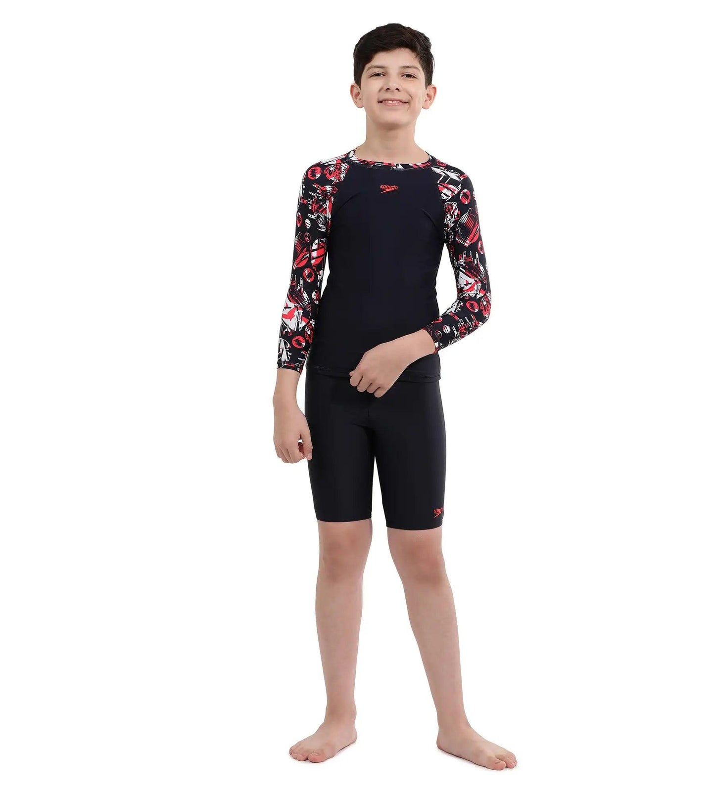 Buy Speedo Glitchamp Allover Long Sleeve SunTop True Navy-Lava Red ...
