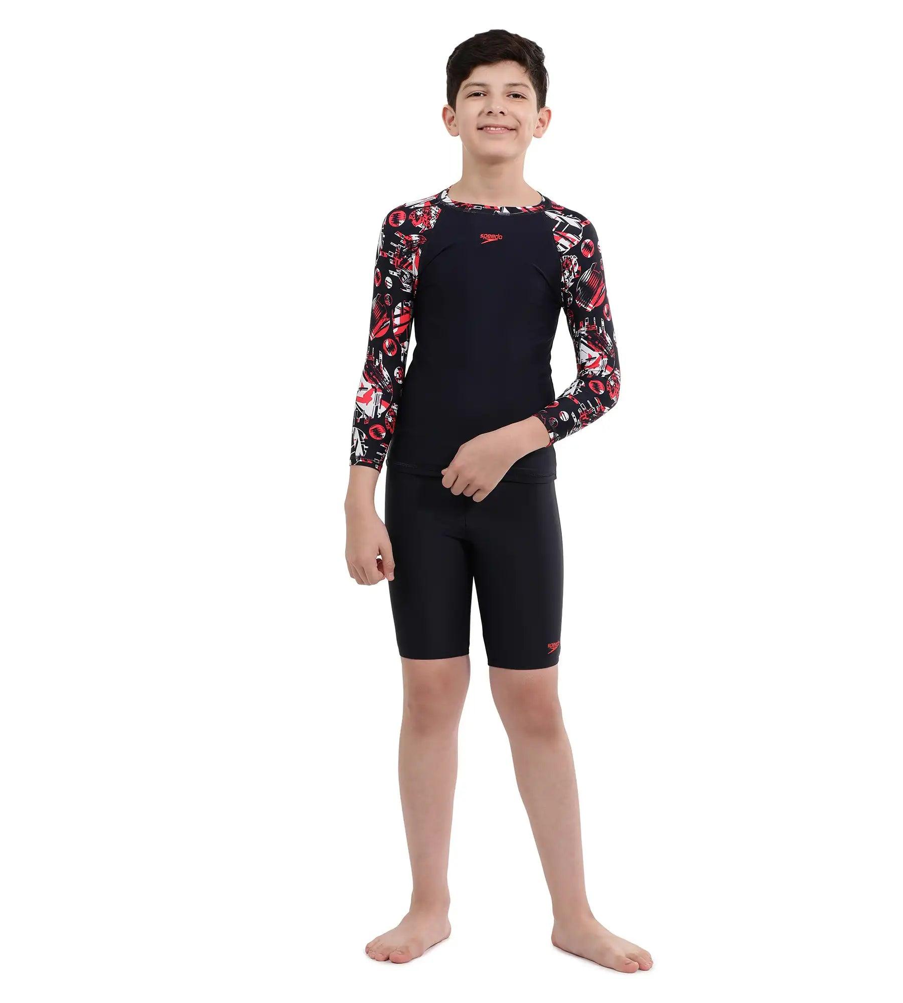 Buy Speedo Glitchamp Allover Long Sleeve SunTop True Navy-Lava Red ...